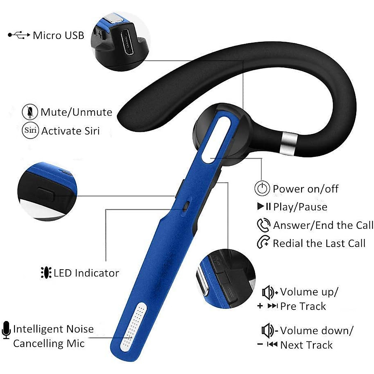 Bluetooth Headset, Wireless Bluetooth Earpiece V5.0 Hi-Fi Stereo Lightweight Headphones Hands-free Earphones with Noise Cancellation Microphone for Cellphones, Business Office/ Work Out/Trucker (Blue)