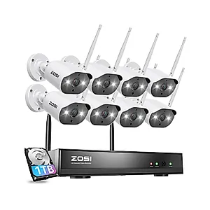 ZOSI 8CH 2K Wireless Security Camera System with 1TB Hard Drive,8x 3MP WiFi Outdoor Surveillance Cameras,Night Vision,Light and Siren Alarm,2 Way Audio,2K H.265+ 8Channel NVR for 24/7 Recording