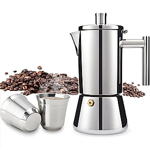 MEHIDFY Stovetop Espresso Maker, Stainless Steel Moka Pot, Stovetop Coffee Maker, Expresso Coffee Maker, Italian Coffee Maker, Moka Pot Espresso with 2pcs Espresso Cups, 6Cup/ 10oz/ 300ml