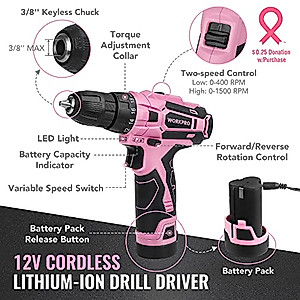 WORKPRO Pink Tool Set with Power Drill, 108PCS Portable Ladies Pink Drill Kit for Home with Toolbox including Pink Hammer, 1.5 Ah Cordless Hand Drills with Keyless Chuck and Variable Speed Trigger