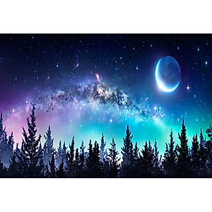 AOFOTO 10x7ft Starry Night Forest Backdrop Beautiful Universe Galaxy Stars and Moon Nature Summer Sky Nebula Nightscape Milky Way Background Photo Studio Props Vinyl Parties Events Poster Banner