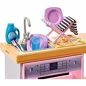 Barbie Furniture and Accessories, Doll House Decor Set with Dishwasher Theme, Kitchen Add-On with Counter Sink