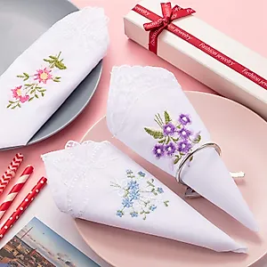 Geyoga 18 Pieces Ladies Cotton Handkerchiefs Flower Embroidered with Lace Colored Embroidered Handkerchiefs for Women (Classic Styles)