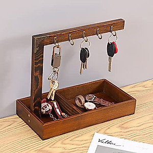 Entryway Hanging Key Holder with 5 Hooks for Desk Tabletop,Solid Wood Jewelry Storage Tray,Home Decorative Key Rack Organizer,L11.8''*W5.9''*H9.8’’, Black Walnut