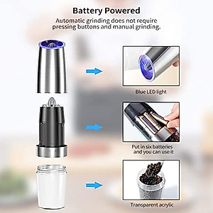 Electric Gravity Pepper Grinder set of 2, Automatic Salt and Pepper Mill Grinder, Adjustable Roughness, Battery Powered, Blue LED Light, Stainless Steel with One Hand Operation (Sliver 2 pack)