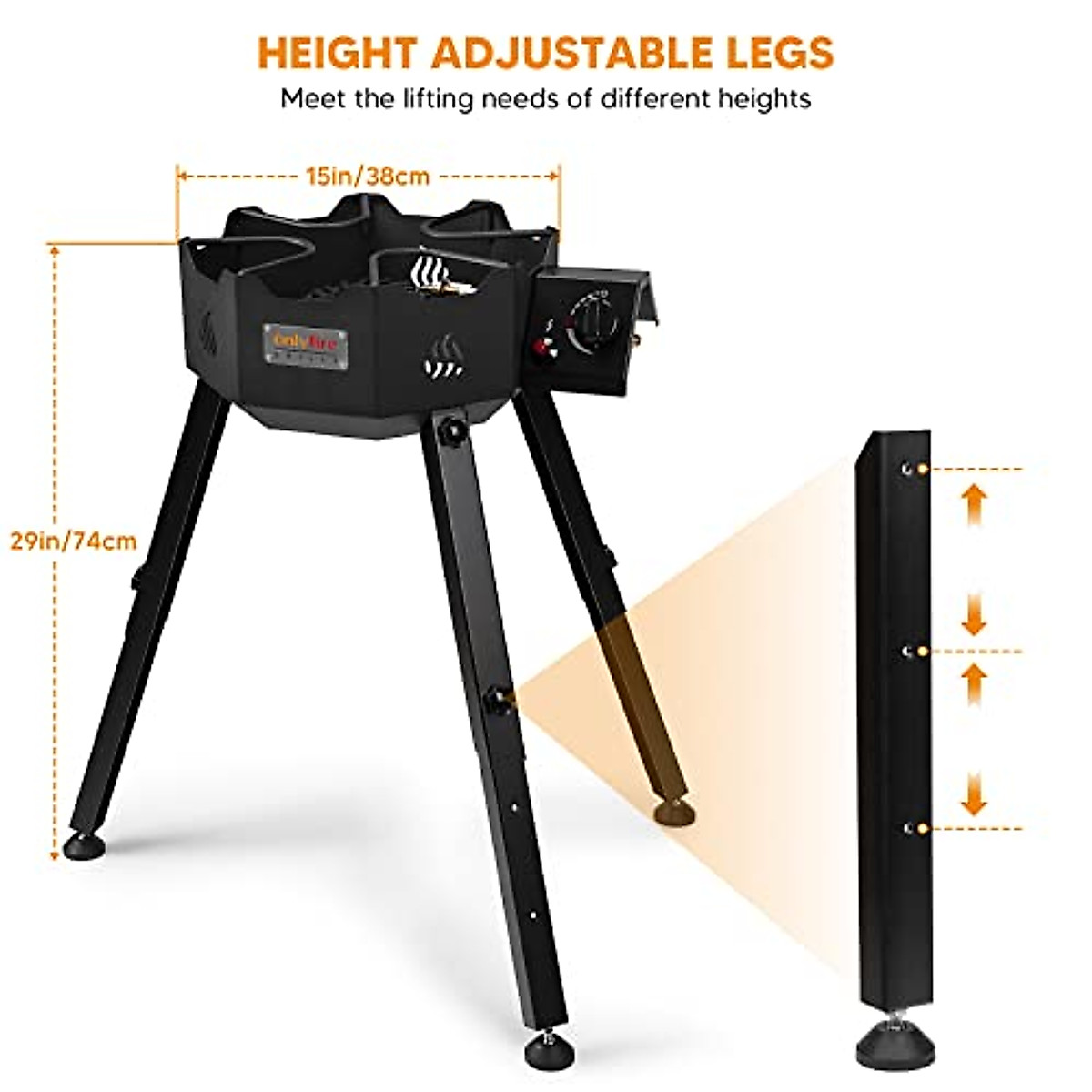 Outdoors Portable Wok Burner with Brackets, Adjustable Removable Legs and Flame Failure Protecting Device, ONLYFIRE GRILLS Tripod Gas Stove with 65000 BTU for Backyard and Camping Cooking