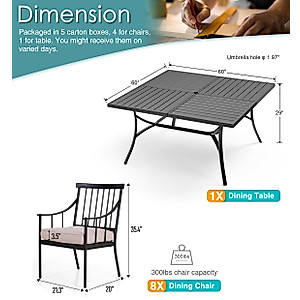 PHI VILLA 9 Pieces Outdoor Dining Table Set for 8, 60” Square Wrought Iron Dining Table & Heavy-Duty Steel Dining Chairs with Cushions, Large Dining Furniture Set for Patio, Deck, Yard, Porch