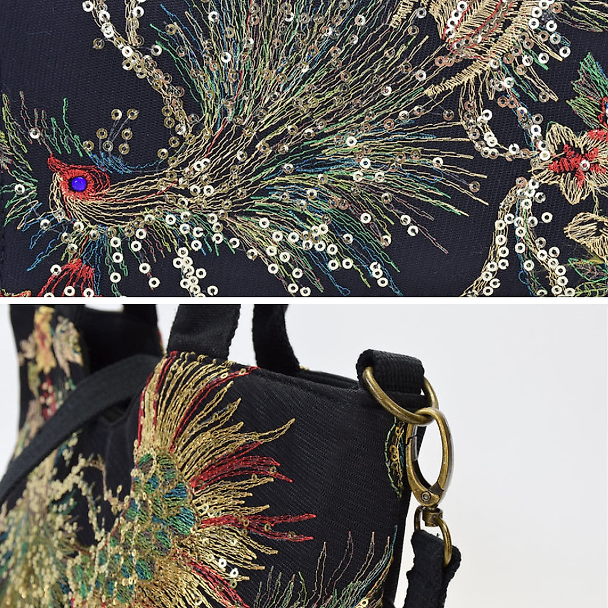 Women Vintage Sequins Peacock Handbag - Ethnic Embroidery with Pendants (black)