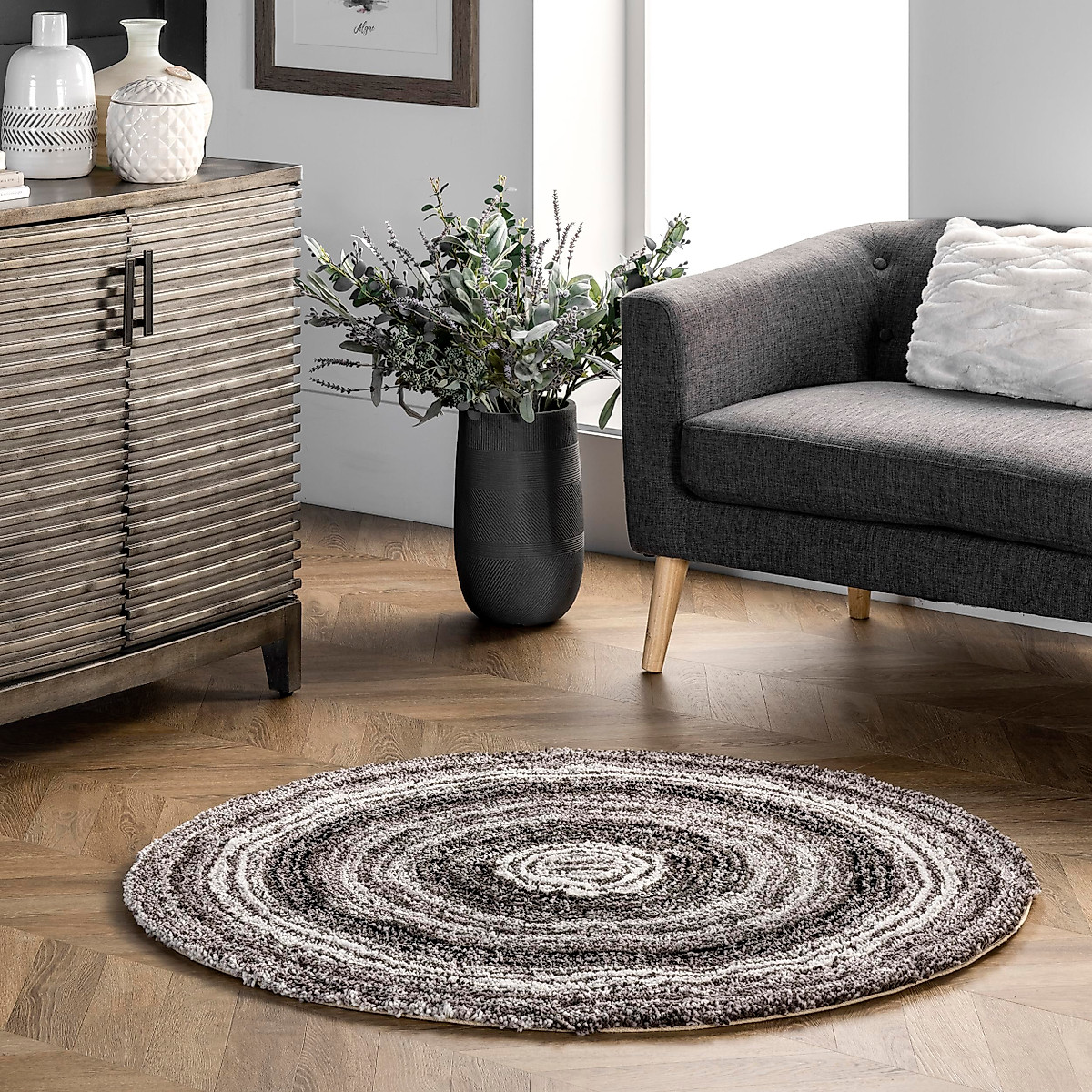 nuLOOM Drey Striped Shag Area Rug - 6 Round Shag Area Rug Casual Gray Multi/Brown Rugs for Living Room Bedroom Dining Room Nursery