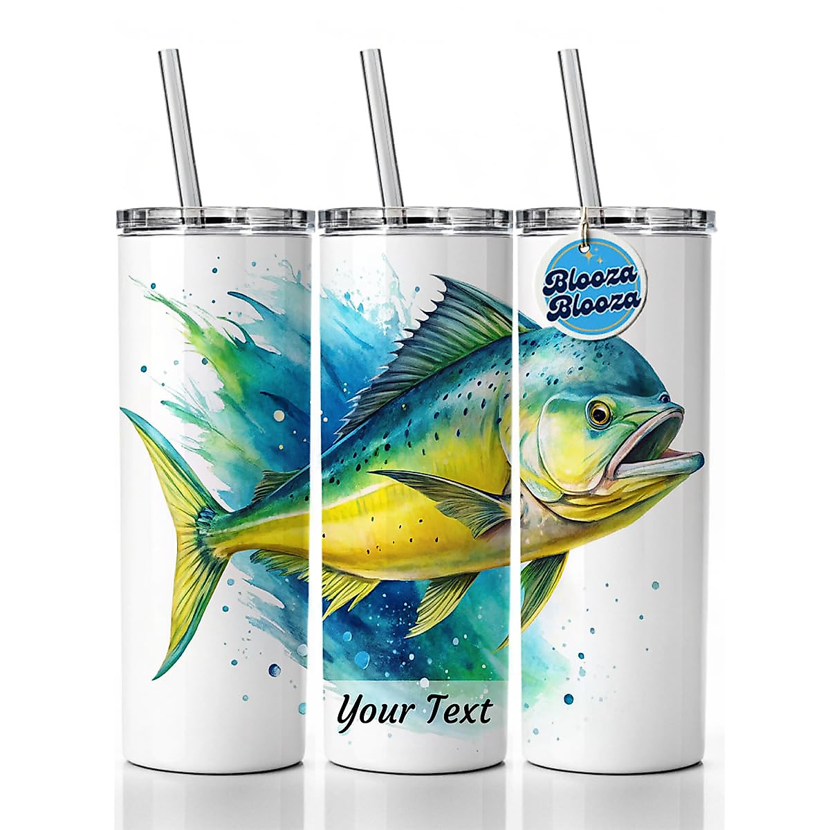Personalized Custom Name Text Mahi Mahi Fish Watercolor Skinny Tumbler 20oz with Straw Insulated Water Bottle Gift - 1 Line Horizontal