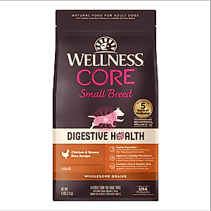 Wellness CORE Digestive Health Dry Dog Food with Wholesome Grains, Highly Digestible, for Dogs with Sensitive Stomachs, Made in USA with Real Protein (Small Breed, Chicken & Brown Rice, 4-Pound Bag)