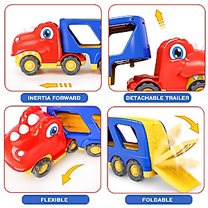 Aoskie Toddler Toys for 1 2 3 Year Old Boys Grils, Dinosaur Truck Toys for Kids with 4 Pull Back Dino Car, Christmas Party Birthday Gift