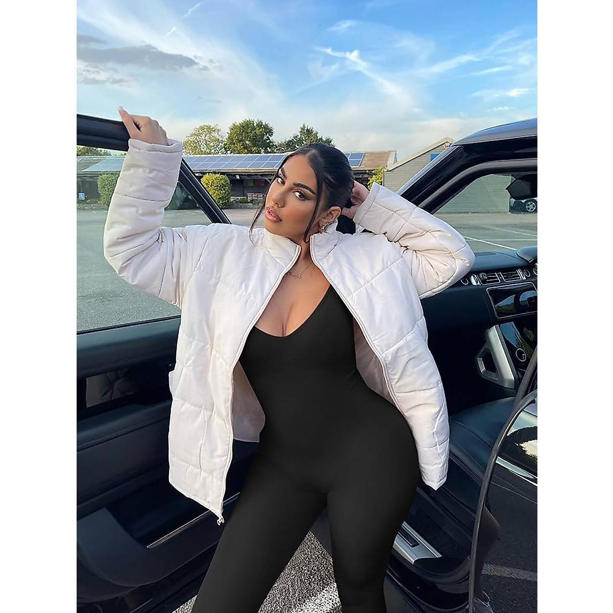 HYZ Women's Sexy Bodycon V Neck Long Sleeve High Stretchy Party One Piece Jumpsuit Black