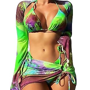 4 Piece Swimsiut for Women, Multi-color Halo Dye Tie Dye Floral Butterfly Sleeved Pleated Drawstring Bikini Cover Up Skirt