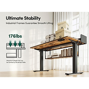 FEZIBO 55" Electric Standing Desk with Shelves, 55 x 24 Inch Sit Stand Rising Desk with Monitor Stand and Storage, Ergonomic Home Office Computer Desk, Rustic