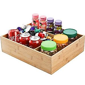 DEAYOU Bamboo Organizer Bin, 100% Bamboo Divided Storage Box, 4-Compartments Cutlery Tray Desktop Holder for Kitchen, Coffee Sugar Tea Bags, Seasoning Spice Packet Pouch, Food, Snack, Shelf, Open Top