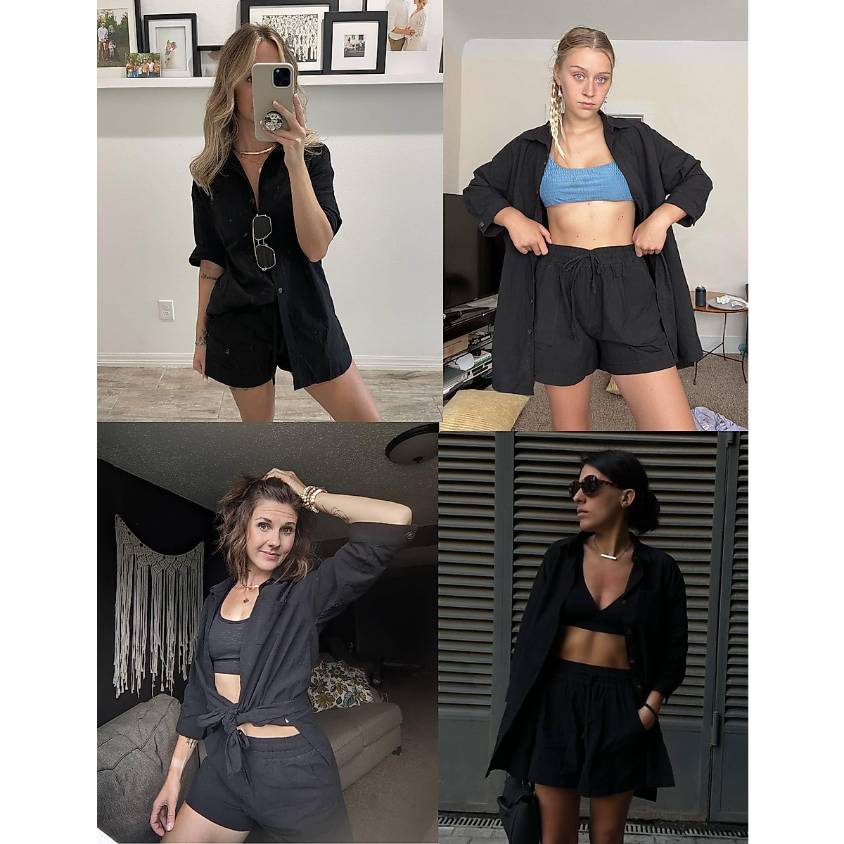 Zeagoo Womens Coordinated Outfit Summer Longe Two Pieces Tracksuit Button-Down Shirt and High Waisted Shorts Set, 04_black, Medium