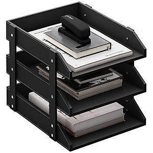 Leather Desk Organizer, Thipoten 3-Tier Stackable Letter Tray Holder for Office Supplies, Paper, File, Magazine, Perfect Office Organization for Desktop (Black-3Tiers)