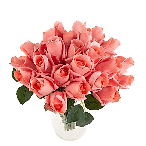 Pure Garden Rose Artificial Flowers - 24Pc Real Touch 11.5-Inch Fake Flower Set with Stems for Home Decor, Wedding, or Bridal/Baby Showers (Coral)