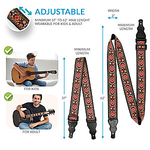 Guitar Strap For Acoustic Guitars , Electric Guitars and Bass , Red Vintage Woven Embroidered Adjustable Strap Includes 2 Strap Locks To Keep Your Guitar Safe & 2 Unique Picks and Pick Pocket