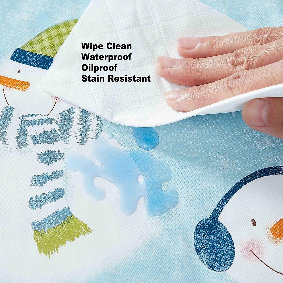 Newbridge Blue Snowy Snowman Print Flannel Back Vinyl Christmas Tablecloth - Cute Snowmen in Sweaters and Scarves Xmas Winter Holiday Wipe Clean Easy Care Tablecloth, 60” x 102” Oblong/Rectangle