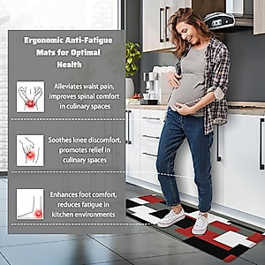 chiinvent Red Black Kitchen Rugs Mats Set of 2 Cushioned Anti Fatigue Kitchen Floor Mat White and Grey Geometric PVC Non-Slip Waterproof Comfort Standing Mats for Kitchen Office, 17"x 47"+17"x 28"