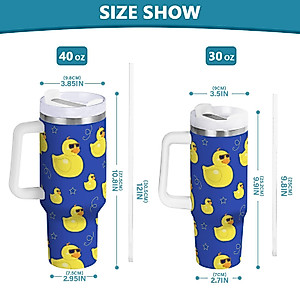 Doodle Cute Yellow Duck Blue Tumbler with Handle and Straw Lid, Cartoon Animal 40 oz Insulated Coffee Cup Stainless Steel Water Bottle Travel Mug Cupholder Friendly,Gifts for Women Men