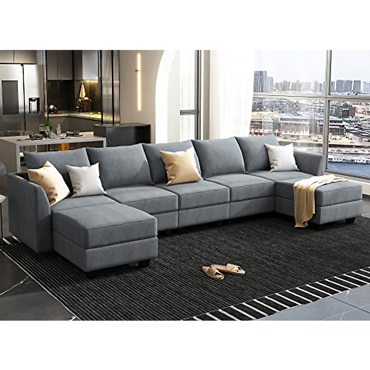 HONBAY Modular Sectional Sofa U Shaped Sectional Souch with Ottoman 7 Seat Modular Sofa with Chaise for Living Room, Bluish Grey