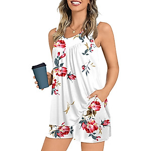 POPYOUNG Womens Summer 2 piece Pajamas Sets Sleevelesss Tank Tops with Comfy Shorts Ladies Pjs Sets Sleepwear with Pockets L, Floral White