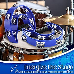 Flexzion Tambourine Metal Half Moon Musical Instruments Double Row Metal Jingles Hand Held Instruments Percussion with Ergonomic Handle Grip, Tambourines for Adults, 2 Packs - Blue