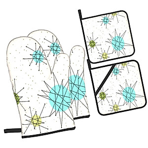 4-Piece Oven Glove and Pot Holder,Iconic Atomic Starbursts,Heat-Resistant Oven Glove and Pot Holder,Can Be Used for Cooking and Grilling, Orange