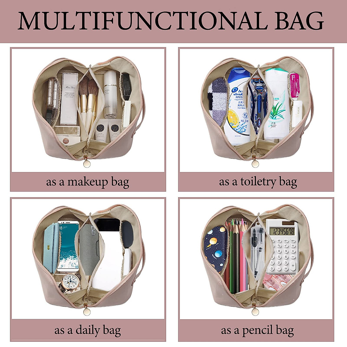 BOBOBOX Travel Cosmetic Bag Large Capacity Make Up Bag PU Leather Waterproof Portable with Handle and Divider Multifunctional Bag (Pink)