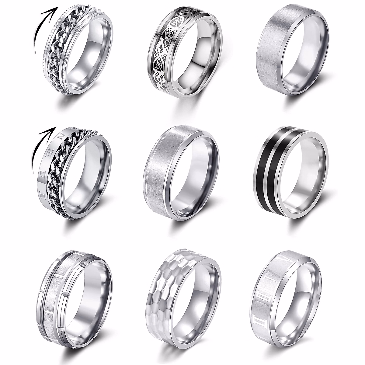 YOVORO 9Pcs Stainless Steel Band Rings for Men Women Fidget Anxiety Relief Rings Spinner Ring Wedding Promise Rings Set S10