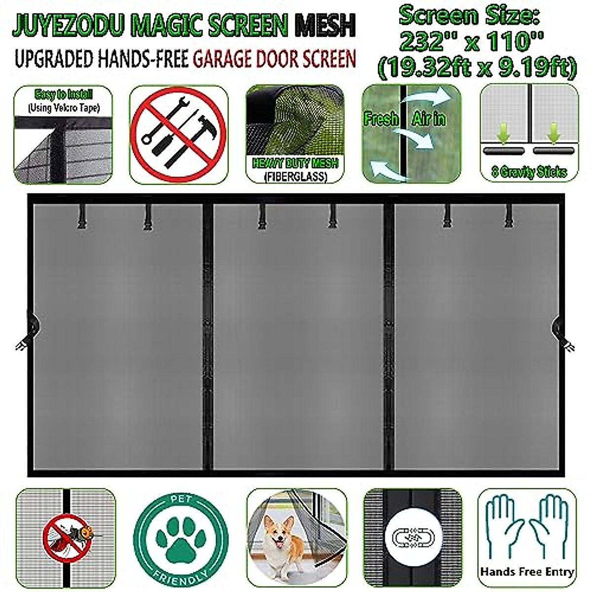 Magnetic Garage Screen Door for 2 Car Garage 19x9ft, Durable Heavy Duty Fiberglass Screen Mesh, Doors Screen with Magnets for Double Garage Doors Breathable, Easy Install, Pass-Through (Black, 19x9)