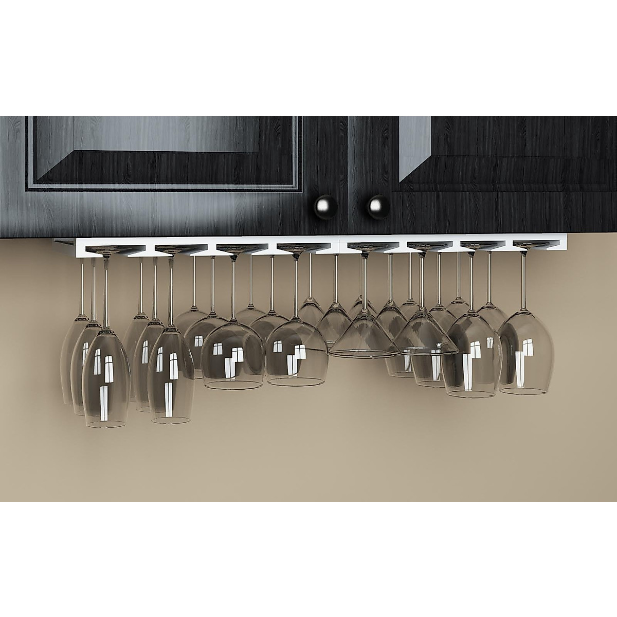 Rustic State Eze 4 Sectional Adjustable Under Cabinet Mount Wood Stemware Rack Hanging Shelf Glassware Holder Bar Organizer with up to 12 Wine Glass Storage 10 Inch Deep White