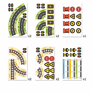 Clorful Imaginative Road Tape for Kids Toy Cars, 2 Rolls of 16.4ft x2.4 inch Adhesive Railway & Highway Tracks with Traffic Signs and Curved Roads.