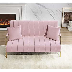 Velvet Upholstery Loveseat Tufted Futon Sofa,Australian Cashmere Fabric Accent 2-Seat Sofá Couch with Metal Legs&Throw Pillows for Living Room/Bedroom/Apartment/Office/Studio/Compact Space