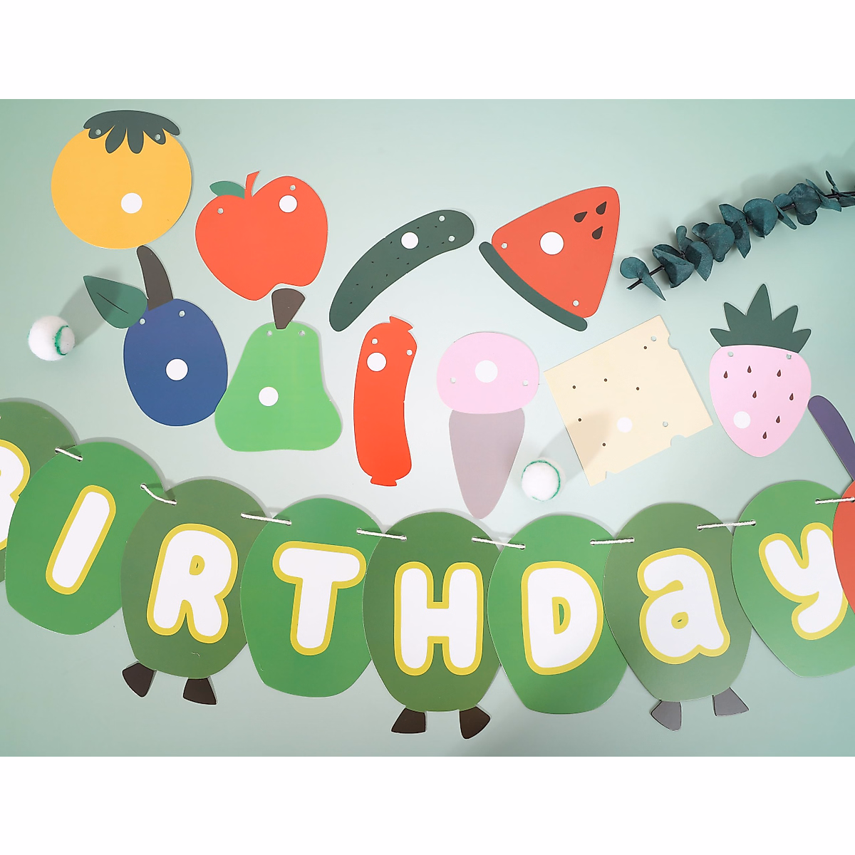 Hungry Caterpillar Happy Birthday Banner - Caterpillar Themed Birthday Party Decorations,Hungry Caterpillar Birthday Fruit Garland,Caterpillar Cake Smash Party Decor,First Birthday Photo Props