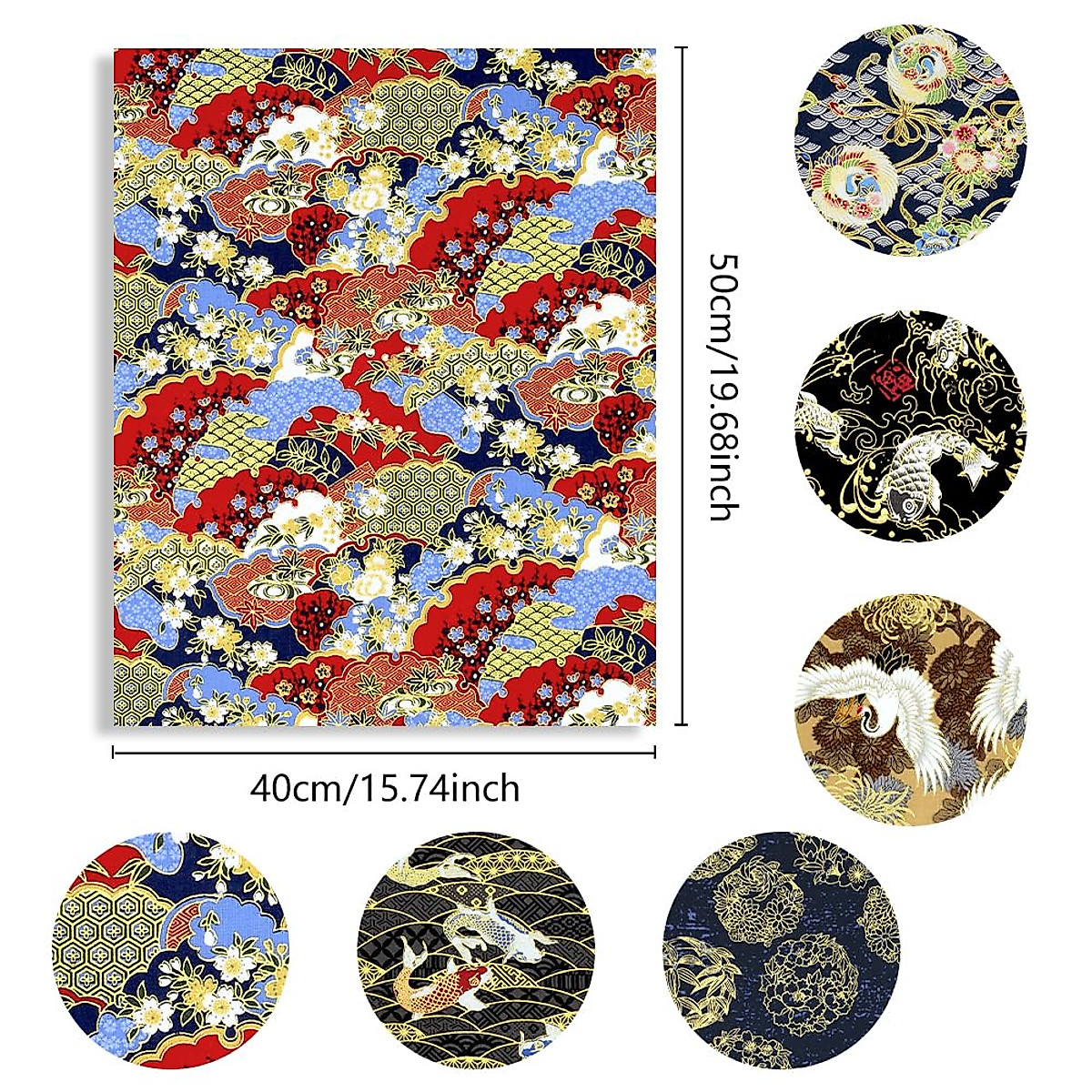 Japanese Fabric,Asian Fabric Squares 6 PCS,6 Different Black Japanese Wrapping Cloth Fish Floral Red Crowned Crane Patterned Fabric Bundles 19.6 x 15.8 Inch for Sewing Furoshiki Wrapping Artcraft DIY