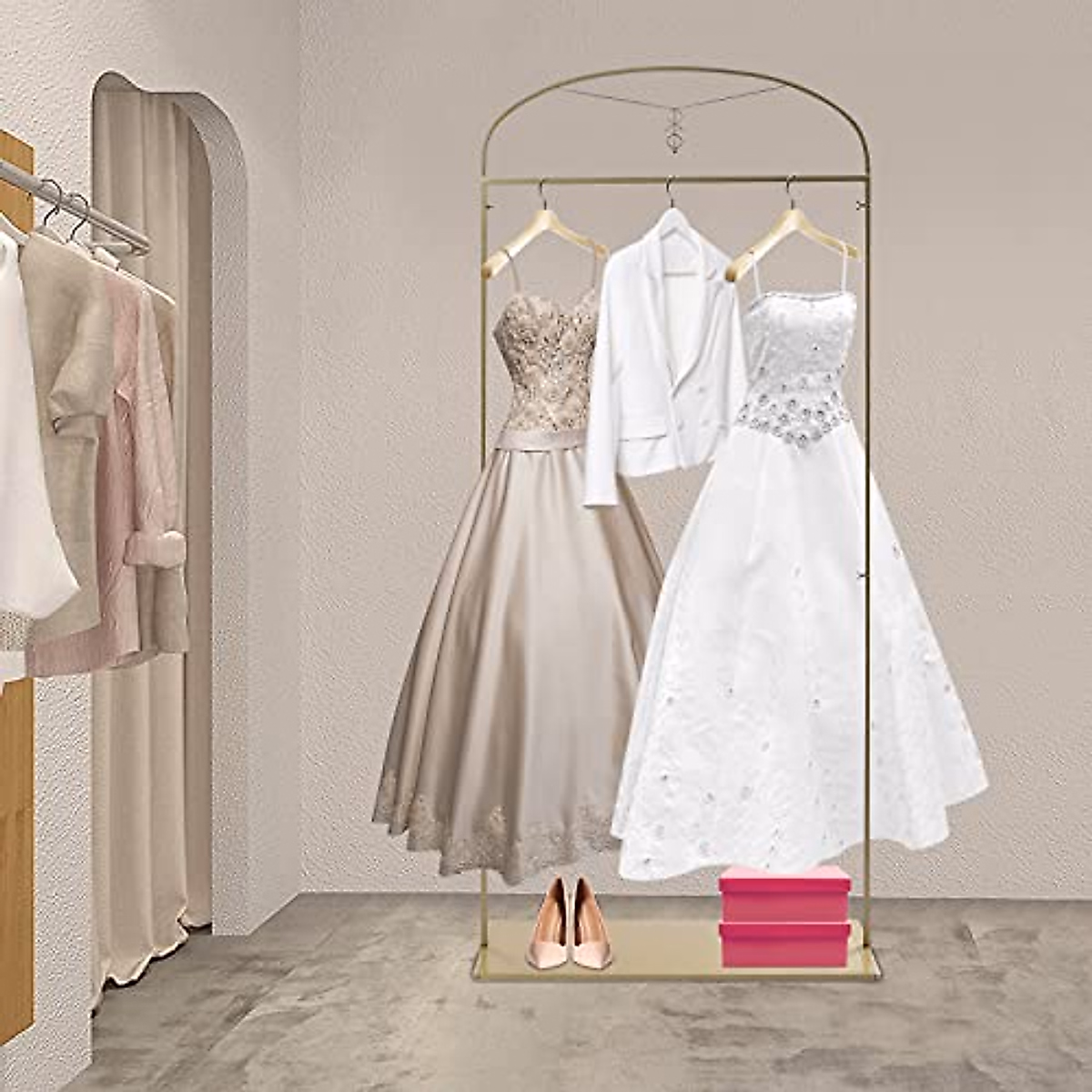 kunghei 91" Tall Wedding Dress Rack Gold Garment Rack Clothing Store Retail Display Rack Boutique Racks for Hanging Long Dresses Clothes Wedding Dress Heavy Duty Commercial Standing