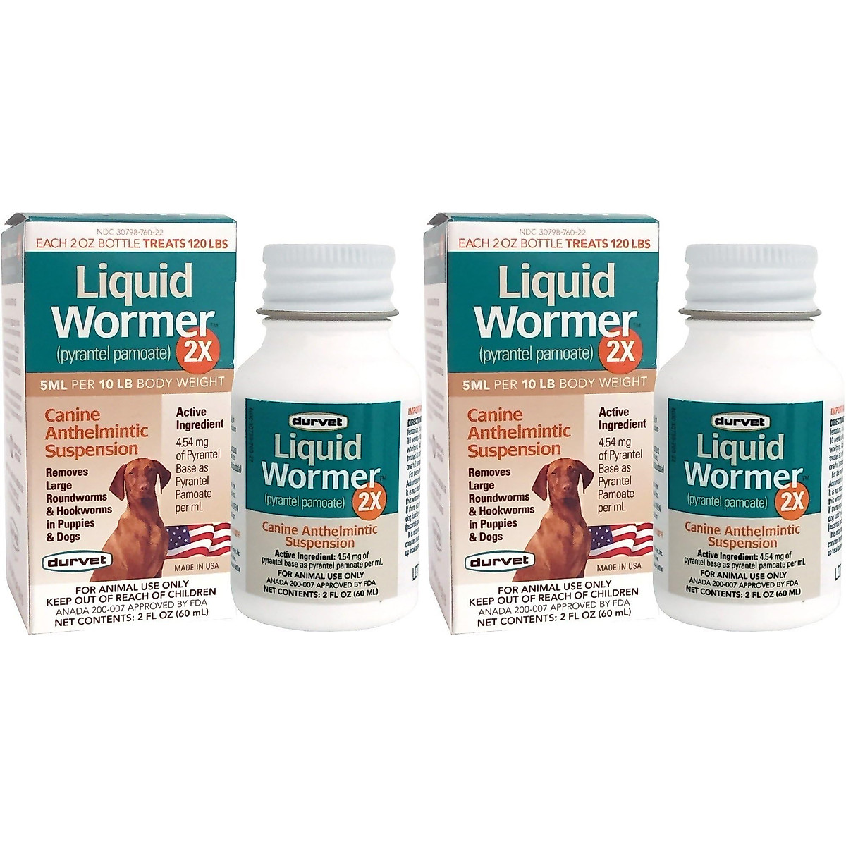 Durvet 2X Liquid Wormer, 2 oz, for Puppies and Adult Dogs - Pack of 2