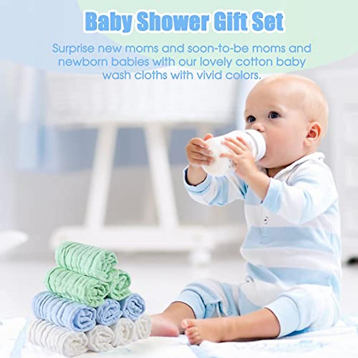 MUKIN Baby Washcloths - Soft Face Cloths for Newborn, Absorbent Bath Face Towels, Baby Wipes, Burp Cloths or Face Towels, Baby Registry as Shower. Pack of 10 (Green,Blue,White)