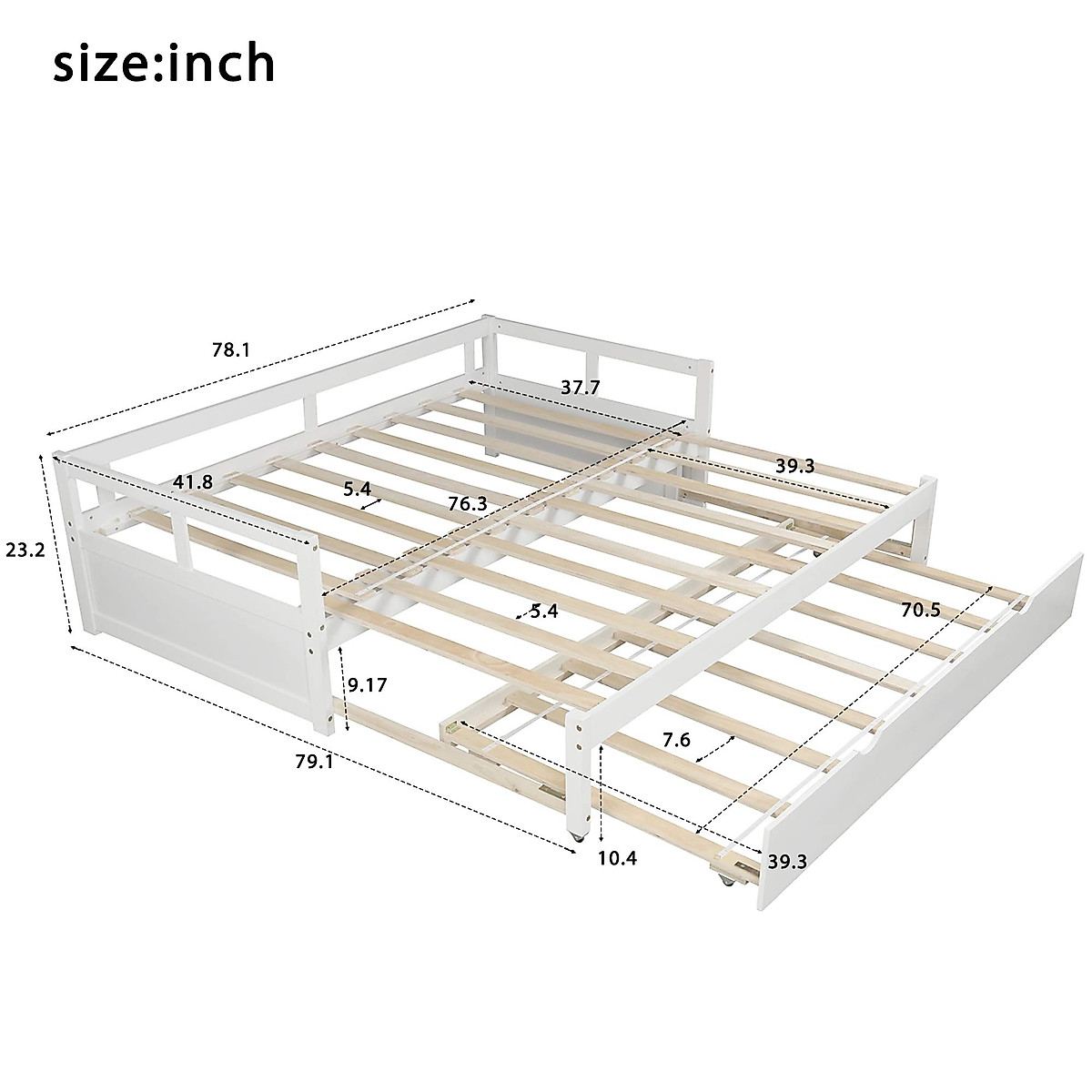Bed Frame, Wooden Mattress Foundation with Roll Out Trundle Accommodate, Sofa Bed-Frame,Easy Assembly,White