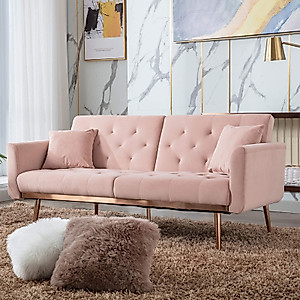 TITA-DONG Velvet Sofa Convertible Sleeper Sofa,Modern Tufted Sofa Bed with 2 Throw Pillow & Gold Plating Base 5 Leg, Adjustable Folding Accent Sofa Couch for Living Room