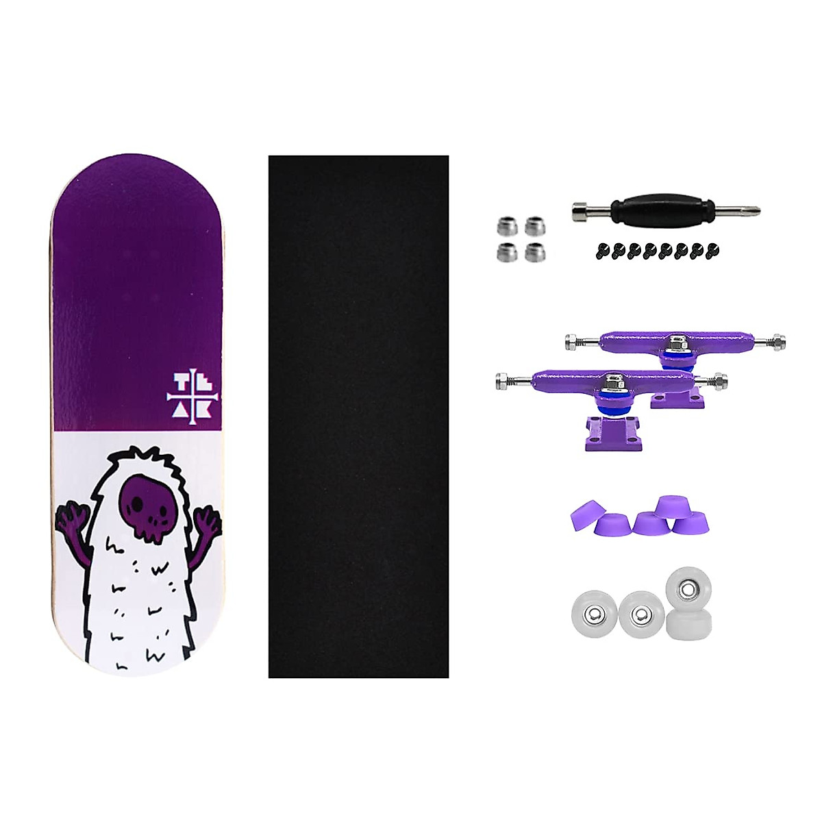 Teak Tuning 32mm Pro Fingerboard Heat Transfer Graphic Complete - Fully Assembled with Pro Level Parts - Pro Shaped Wood Deck (34x97mm), UltraSpin Wheels, Prodigy Trucks - Purple Yeti