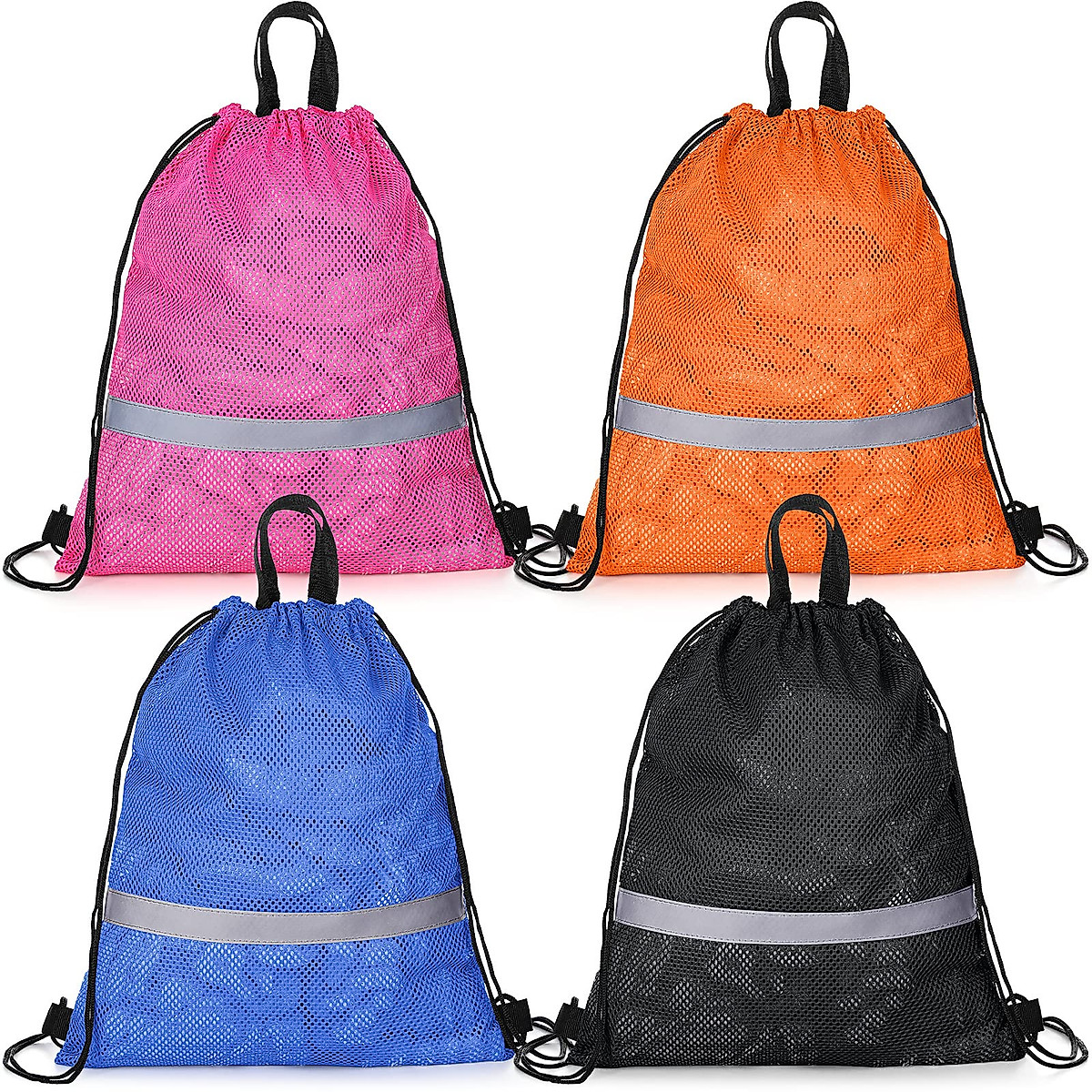 4 Pcs Summer Reflective Large Mesh Drawstring Bag with Zipper Pocket Net Quick Drying Swimming Bag Beach Soccer Mesh Backpack Foldable Swim Gear Bag for Adults Teens Sports Gym Equipment, 4 Colors