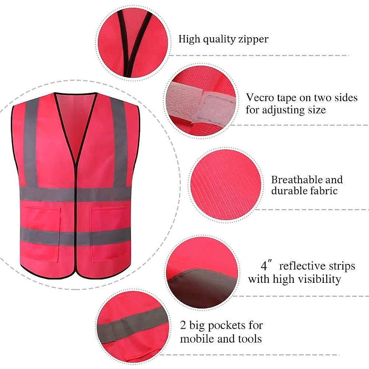JSungo High Visibility Safety Vest 10 Pack ANSI Class 2 Security Vest with 2 Inch Reflective Silver Strip, Women Construction Vest for Night Running, Jogging, Cycling Walking (Pink)