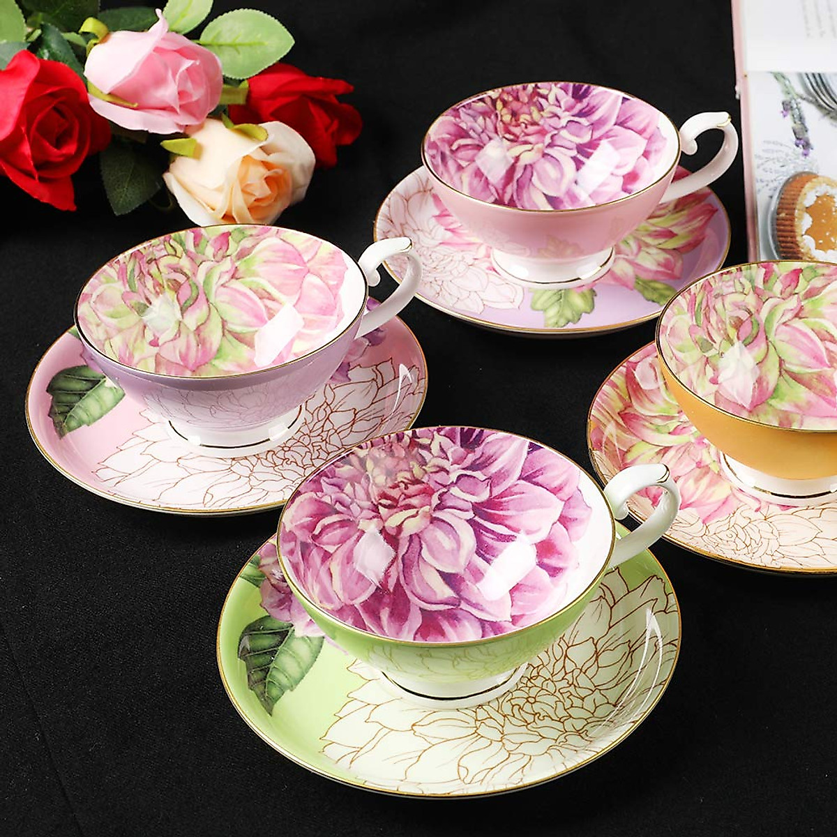 PULCHRITUDIE Fine Bone China Teacup and Saucer Set, English Teasets, Floral Design with Golden Rim, 8oz Cup, Set of Four