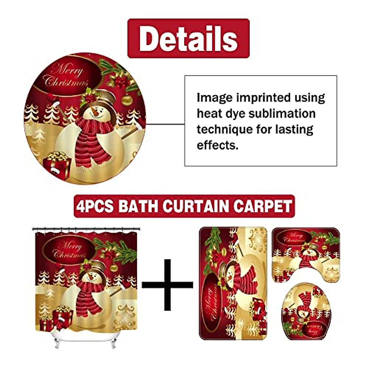 CRTEPST 4Pcs Christmas Shower Curtain Set,Christmas Shower Curtain,Non-Slip Bathroom Rugs,Toilet Cover ,Bath Mat,Christmas Bathroom Snowman Decorations Santa Claus Xmas Decor (Golden Snowman)