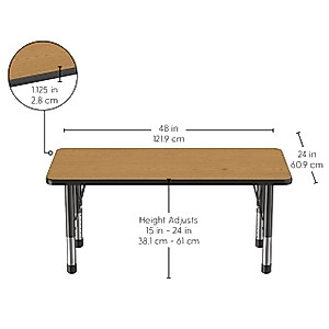 Factory Direct Partners FDP Rectangle Activity School and Kids Classroom Table (24 x 48 inch), Toddler Legs, Adjustable Height 15-24 inches - Oak Top and Black Edge